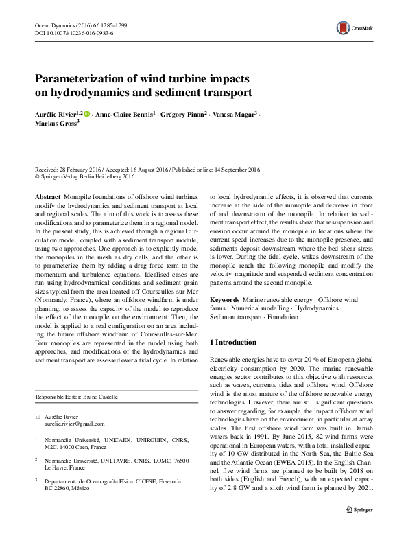 Pdf Parameterization Of Wind Turbine Impacts On Hydrodynamics And Sediment Transport