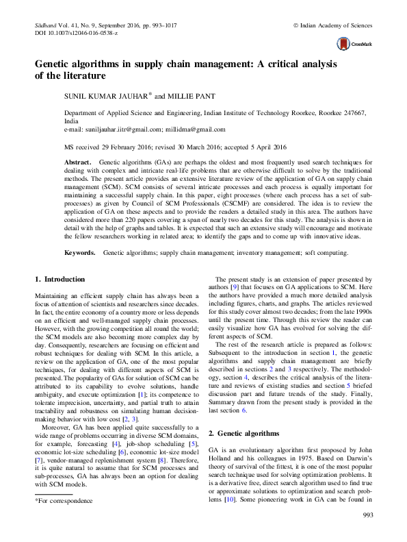 (PDF) Genetic algorithms in supply chain management: A critical analysis of the literature