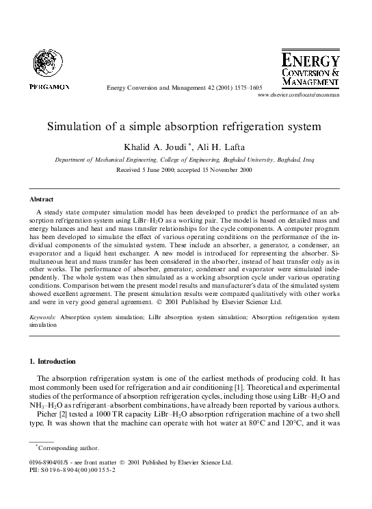 (PDF) Simulation of a simple absorption refrigeration system