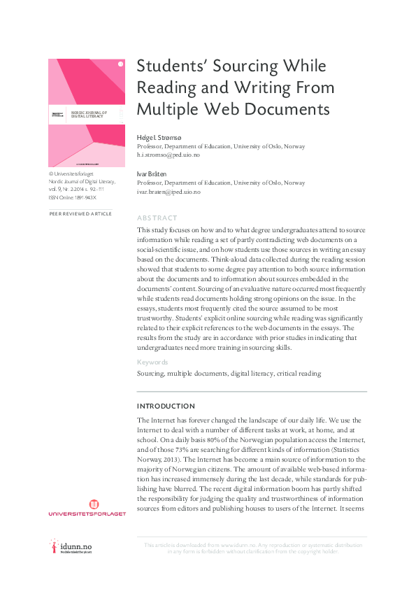 (PDF) Students’ Sourcing While Reading and Writing From Multiple Web ...