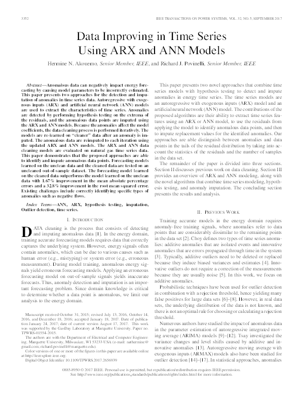 (PDF) Data Improving in Time Series Using ARX and ANN Models