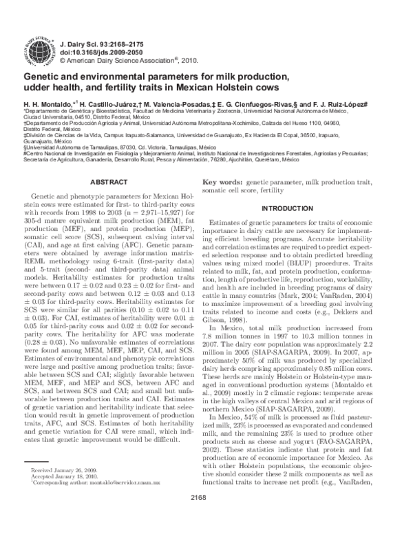 (PDF) Genetic and environmental parameters for milk production, udder health, and fertility ...