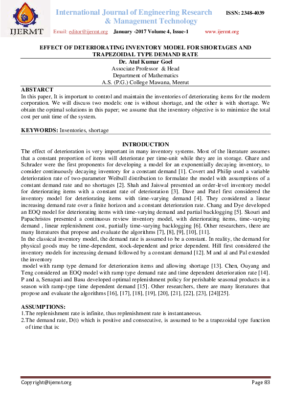 Pdf Management Technology Effect Of Deteriorating Inventory Model For Shortages And