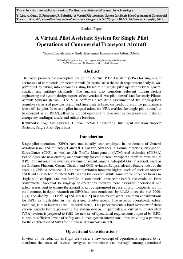 (PDF) A Virtual Pilot Assistant System for Single Pilot Operations of ...