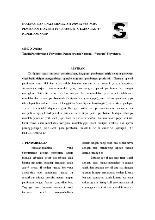 (DOC) EVALUASI DAN UPAYA MENGATASI PIPE STUCK PADA PEMBORAN TRAYEK 8-1/ ...