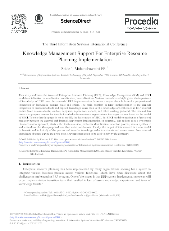 (PDF) Knowledge Management Support For Enterprise Resource Planning Implementation
