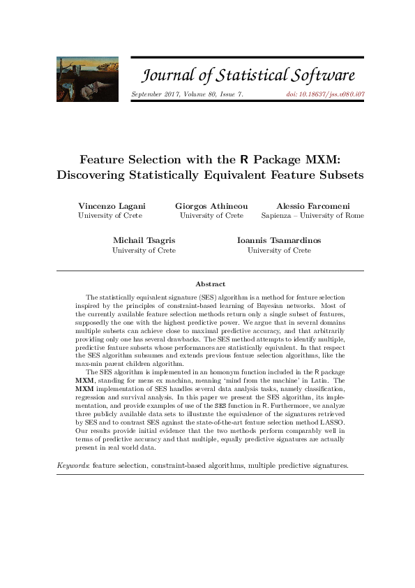 (PDF) Feature Selection with the R Package MXM: Discovering Statistically-Equivalent Feature Subsets
