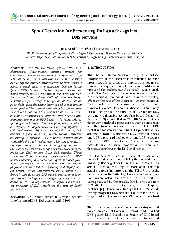 (PDF) Spoof Detection for Preventing DoS Attacks against DNS Servers