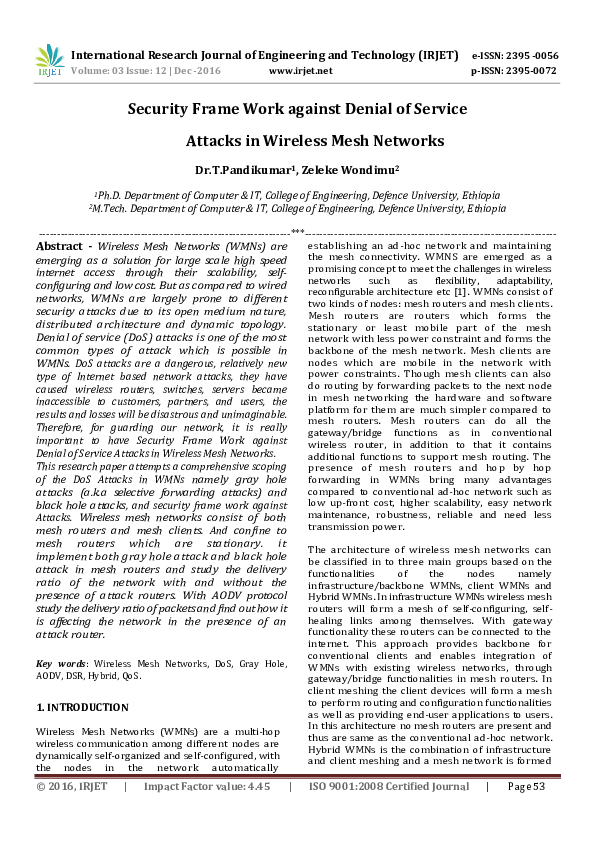 (PDF) Security Frame Work against Denial of Service Attacks in Wireless Mesh Networks