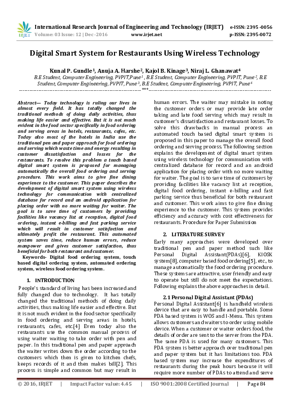 (PDF) Digital Smart System for Restaurants Using Wireless Technology