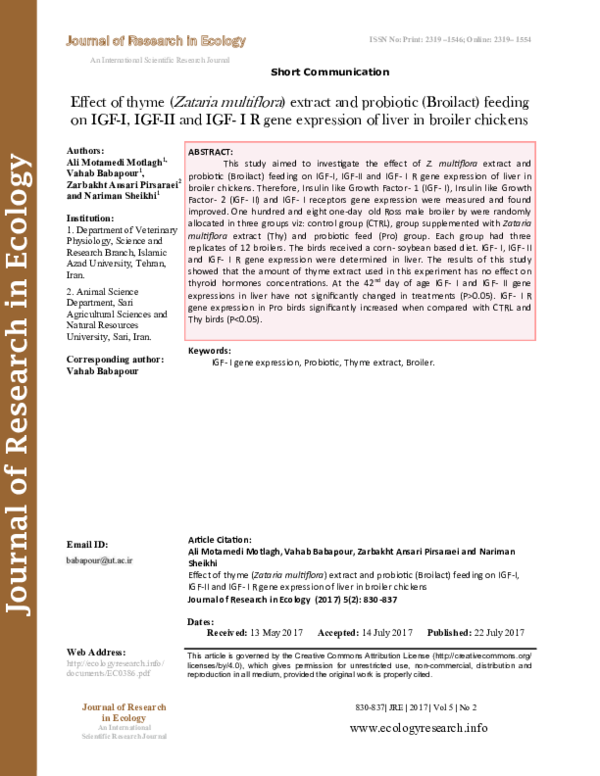 (PDF) Effect of thyme (Zataria multiflora) extract and probiotic ...