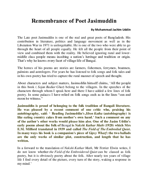 (PDF) Remembrance of Poet Jasimuddin