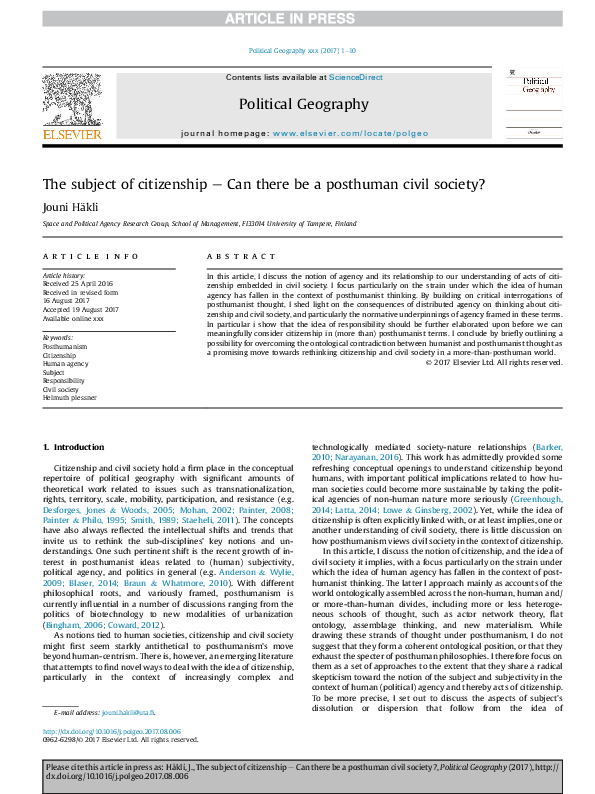 (PDF) The subject of citizenship - Can there be a posthuman civil society?