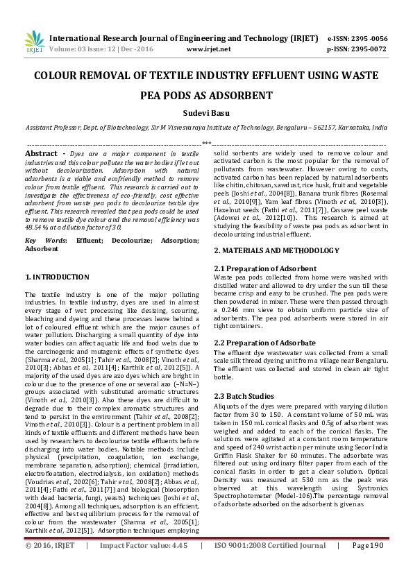 (PDF) COLOUR REMOVAL OF TEXTILE INDUSTRY EFFLUENT USING WASTE PEA PODS ...