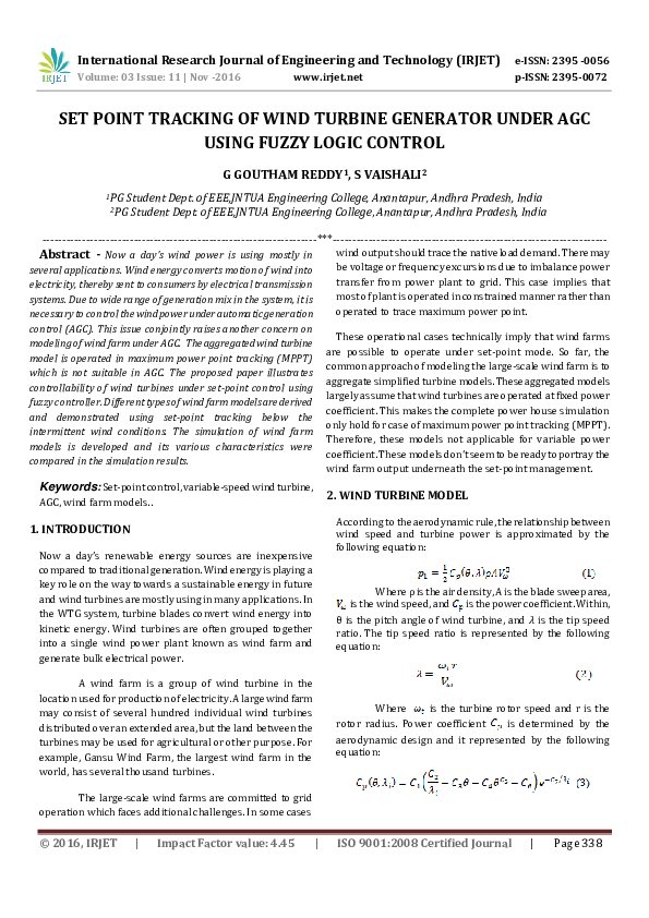 (PDF) SET POINT TRACKING OF WIND TURBINE GENERATOR UNDER AGC USING FUZZY LOGIC CONTROL