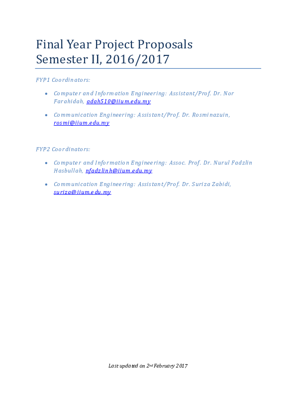 (PDF) Final Year Project Proposals Semester II, 2016/2017 | Nurul ...