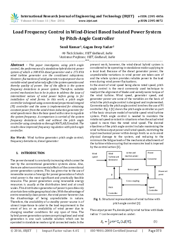 (PDF) Load Frequency Control in Wind-Diesel Based Isolated Power System by Pitch-Angle Controller