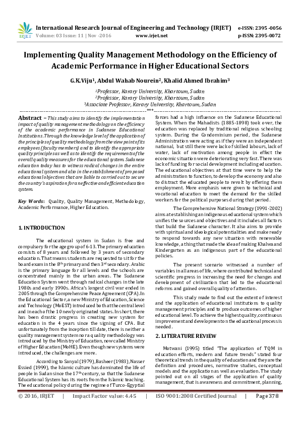 (PDF) Implementing Quality Management Methodology on the Efficiency of ...