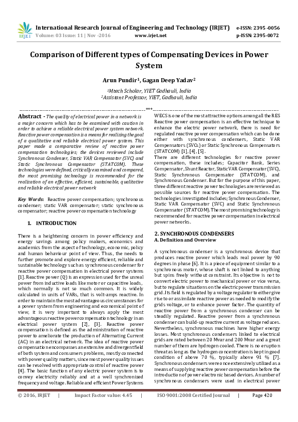 (PDF) Comparison of Different types of Compensating Devices in Power System