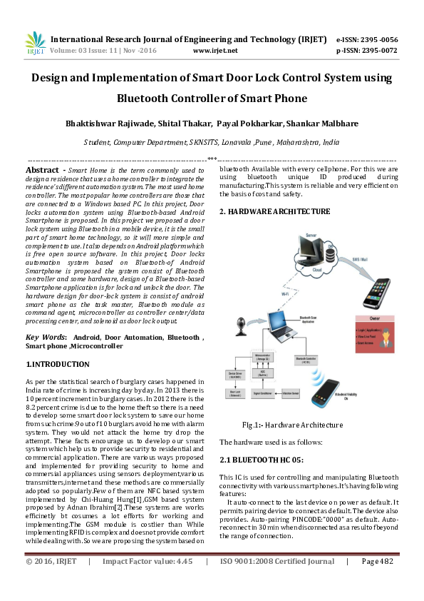 Pdf Design And Implementation Of Smart Door Lock Control System Using Bluetooth Controller Of