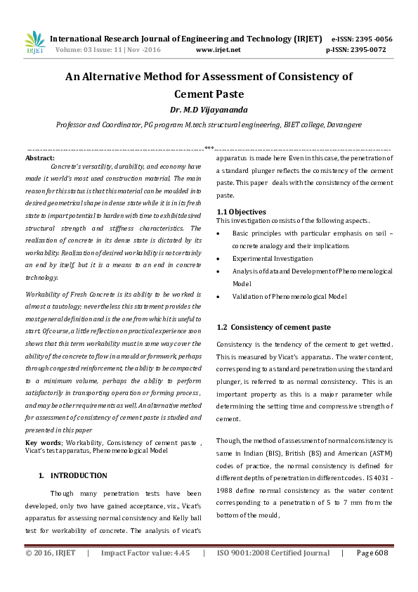 (PDF) An Alternative Method for Assessment of Consistency of Cement Paste
