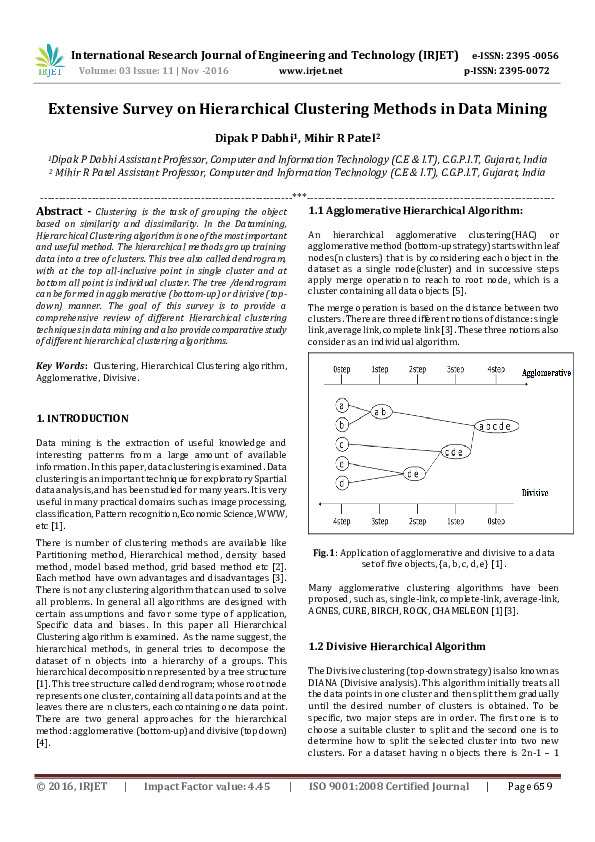 Pdf Extensive Survey On Hierarchical Clustering Methods In Data Mining