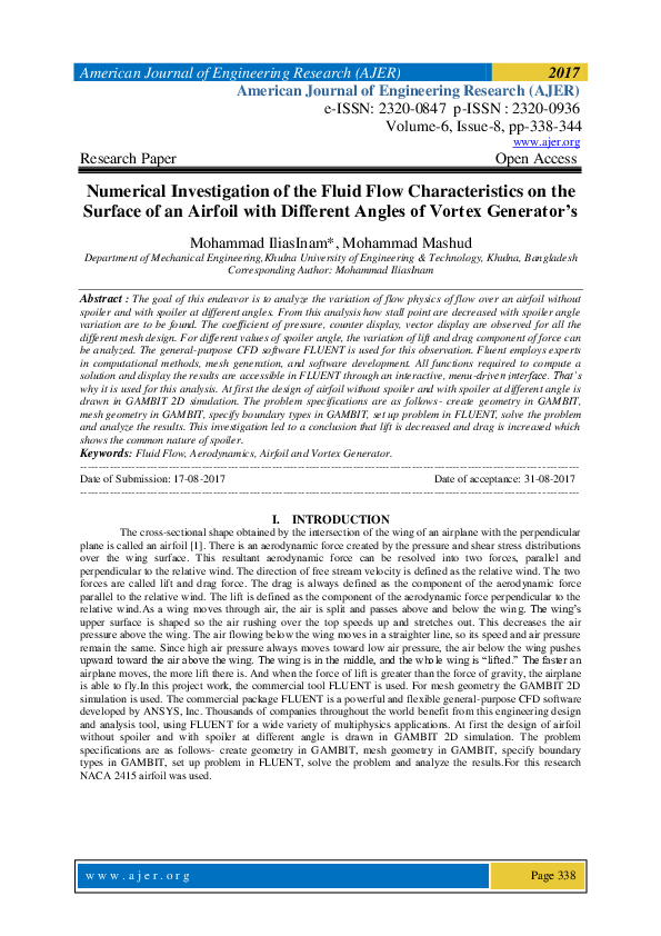 (PDF) Numerical Investigation of the Fluid Flow Characteristics on the Surface of an Airfoil ...