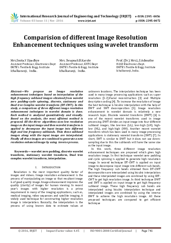 Pdf Comparision Of Different Image Resolution Enhancement Techniques Using Wavelet Transform