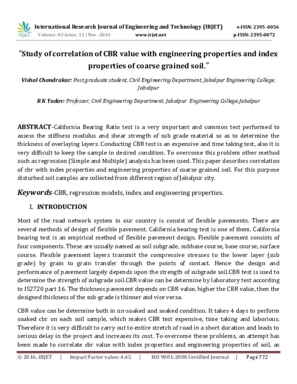 (PDF) " Study of correlation of CBR value with engineering properties and index properties of ...