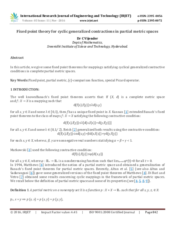 (PDF) Fixed point theory for cyclic generalized contractions in partial metric spaces