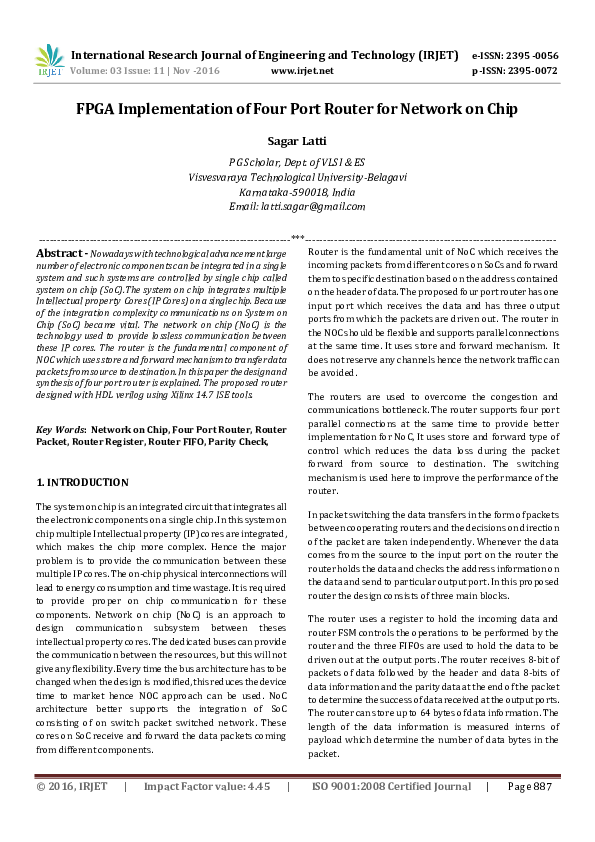 Pdf Fpga Implementation Of Four Port Router For Network On Chip 1007