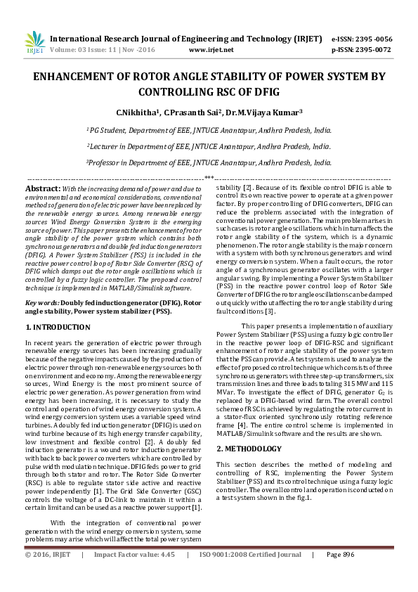 (PDF) ENHANCEMENT OF ROTOR ANGLE STABILITY OF POWER SYSTEM BY ...