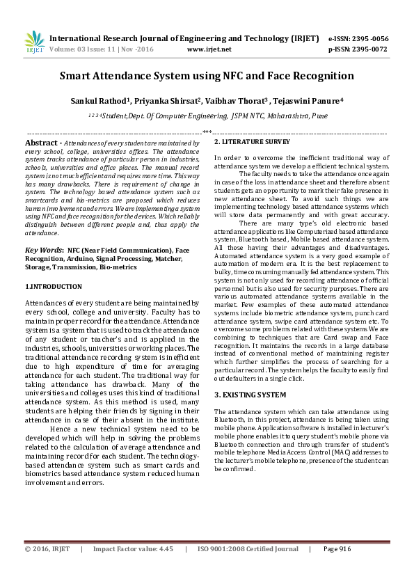 (PDF) Smart Attendance System using NFC and Face Recognition