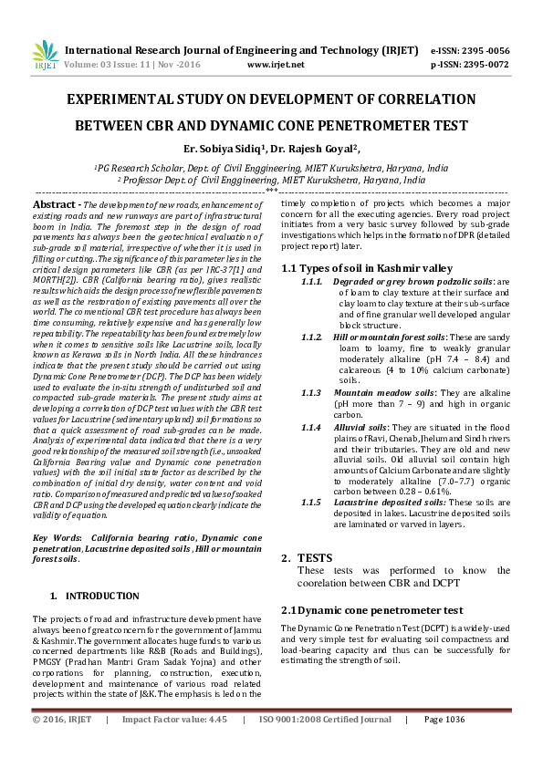 (PDF) EXPERIMENTAL STUDY ON DEVELOPMENT OF CORRELATION BETWEEN CBR AND DYNAMIC CONE PENETROMETER ...