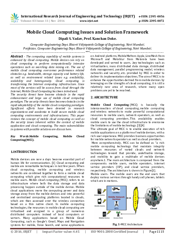 (PDF) Mobile Cloud Computing Issues and Solution Framework