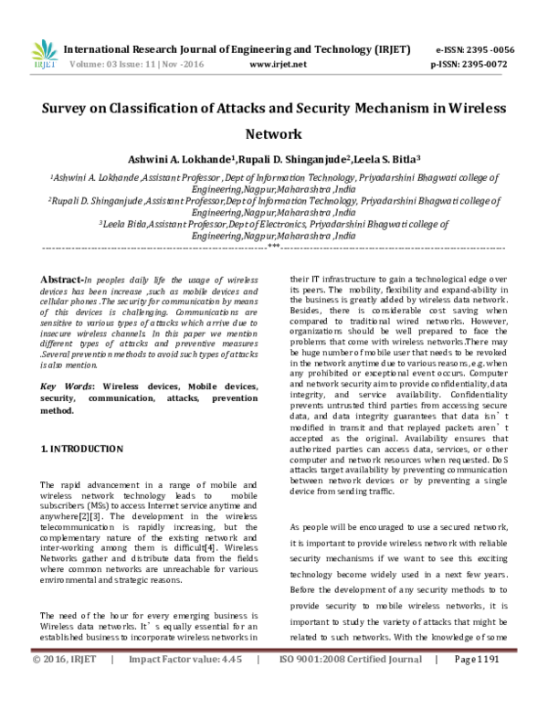 (PDF) Survey on Classification of Attacks and Security Mechanism in ...