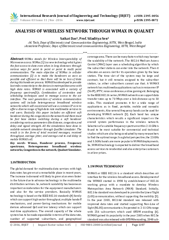 (PDF) ANALYSIS OF WIRELESS NETWORK THROUGH WIMAX IN QUALNET