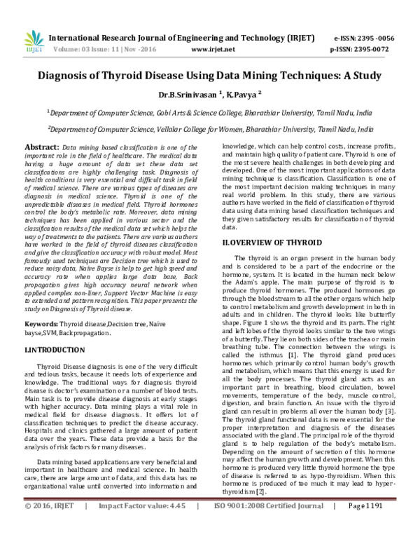 (PDF) Diagnosis of Thyroid Disease Using Data Mining Techniques: A Study