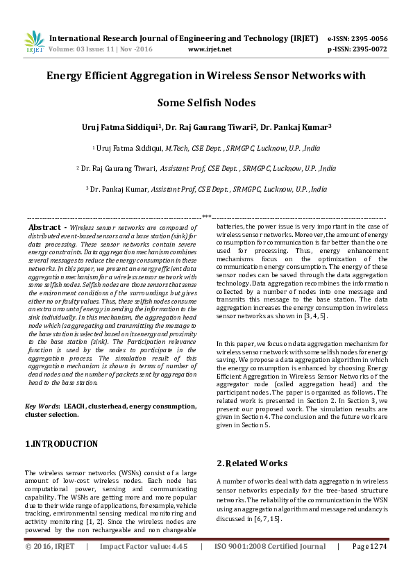 (PDF) Energy Efficient Aggregation in Wireless Sensor Networks with Some Selfish Nodes