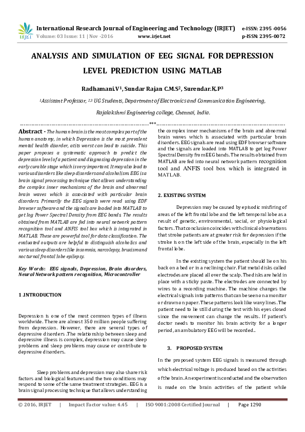 Pdf Analysis And Simulation Of Eeg Signal For Depression Level Prediction Using Matlab Irjet