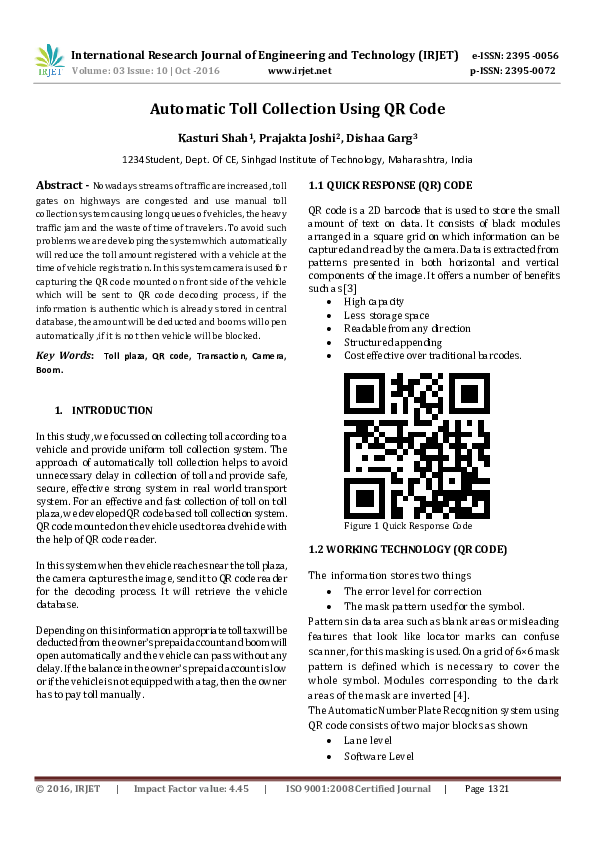 (PDF) Automatic Toll Collection Using QR Code