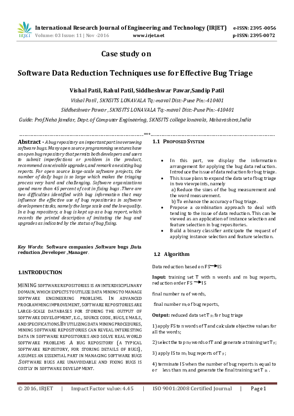 (PDF) Case study on Software Data Reduction Techniques use for Effective Bug Triage