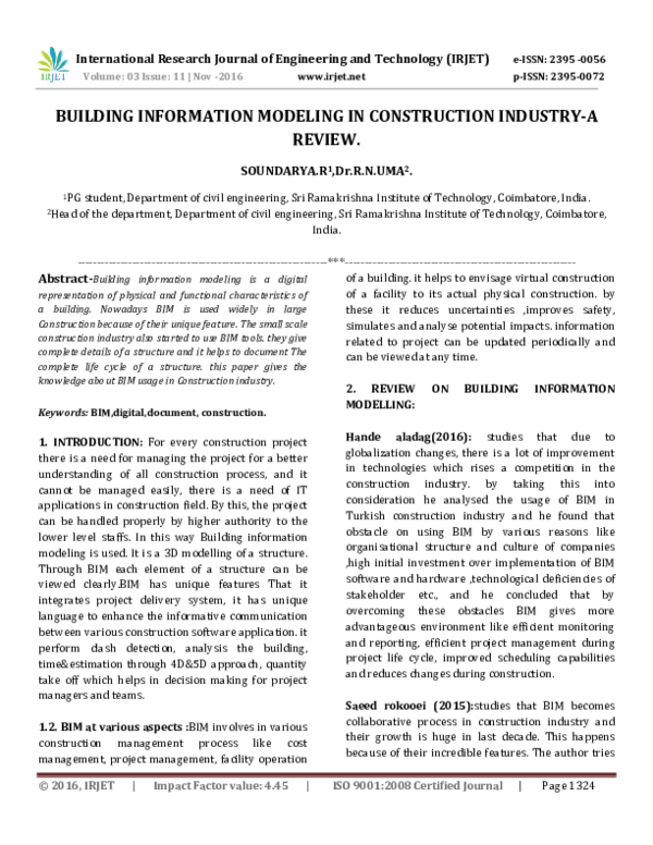 (PDF) BUILDING INFORMATION MODELING IN CONSTRUCTION INDUSTRY-A REVIEW