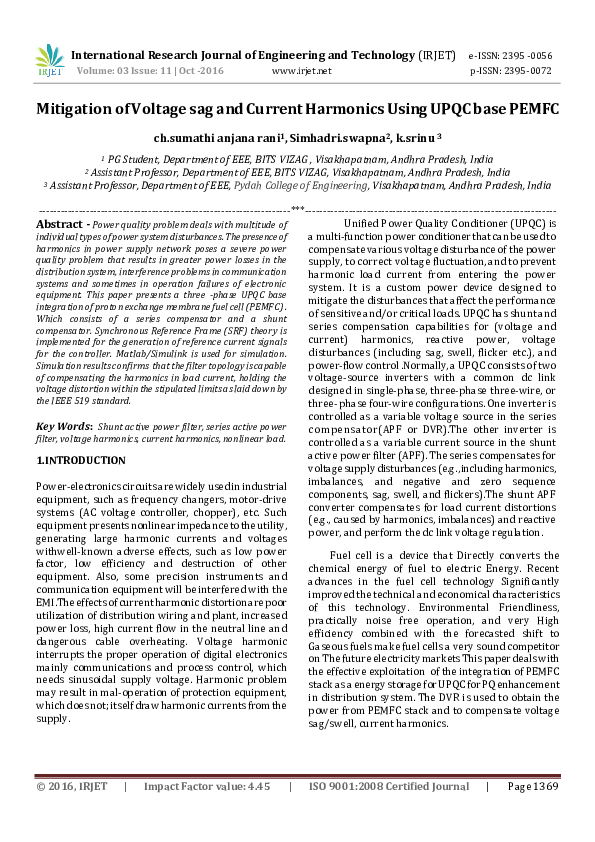 (PDF) Mitigation of Voltage sag and Current Harmonics Using UPQC base PEMFC