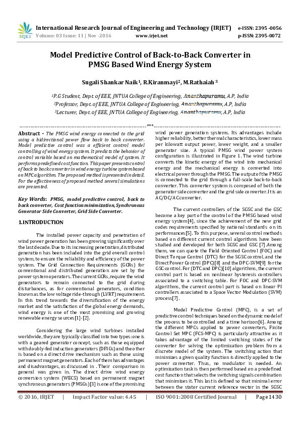 (PDF) Model Predictive Control of Back-to-Back Converter in PMSG Based Wind Energy System
