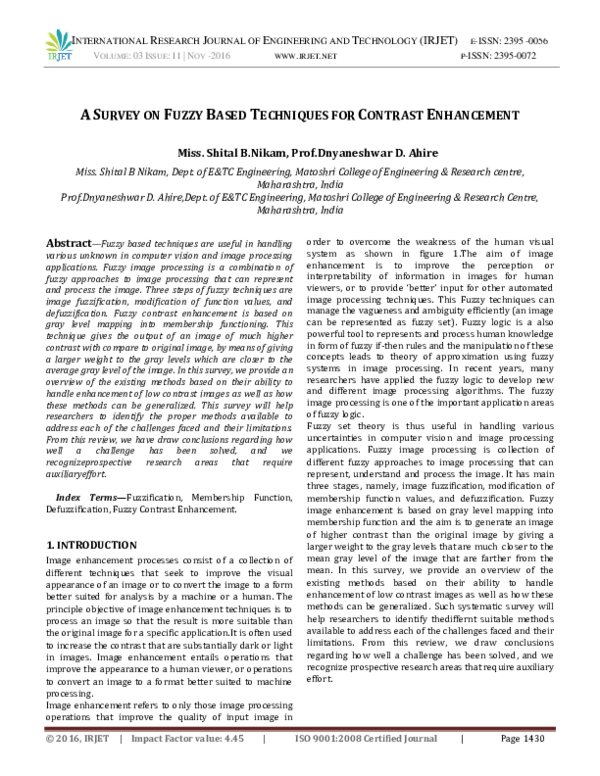 (PDF) A SURVEY ON FUZZY BASED TECHNIQUES FOR CONTRAST ENHANCEMENT