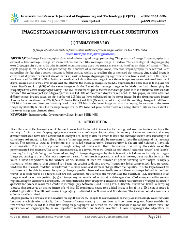 (PDF) IMAGE STEGANOGRAPHY USING LSB BIT-PLANE SUBSTITUTION