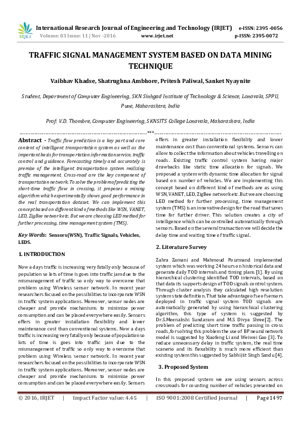 (PDF) TRAFFIC SIGNAL MANAGEMENT SYSTEM BASED ON DATA MINING TECHNIQUE