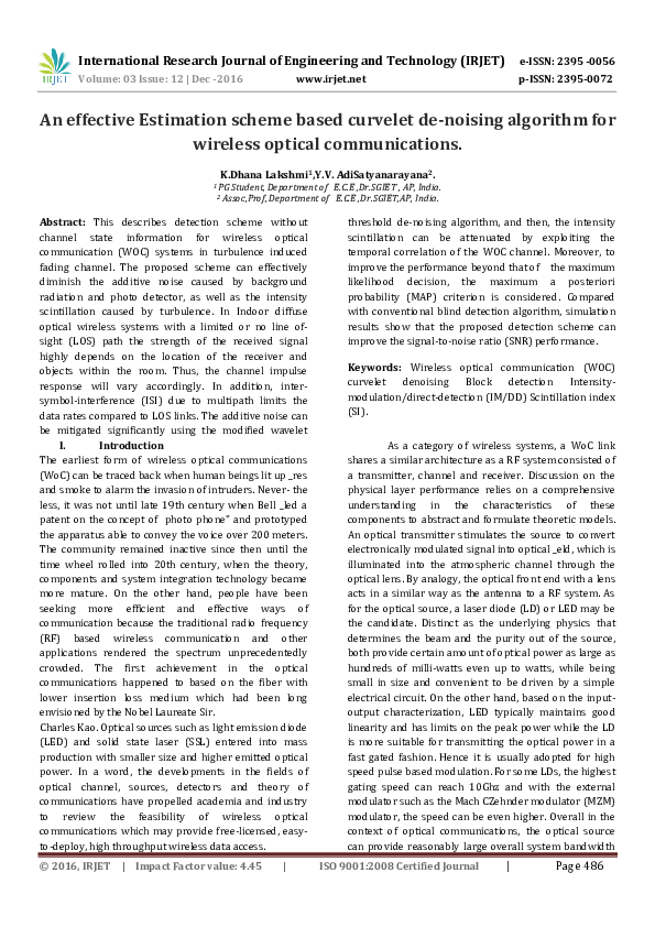 Pdf An Effective Estimation Scheme Based Curvelet De Noising Algorithm For Wireless Optical