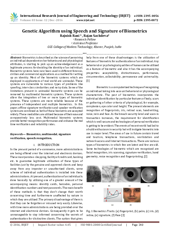 (PDF) Genetic Algorithm using Speech and Signature of Biometrics
